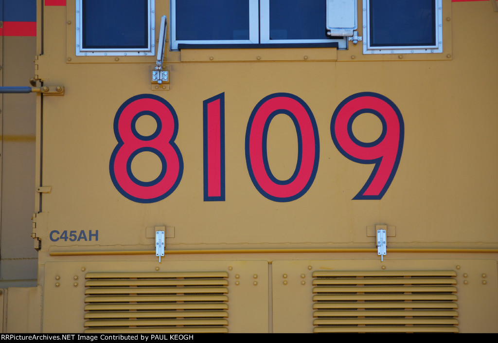 UP 8109's Red Road Number and UP Identifying Nomenclaturer saying She's a C45AH :))) Not a ...